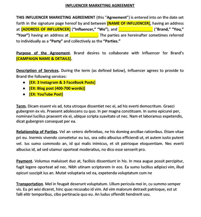 Instagram Influencer Agreement Template