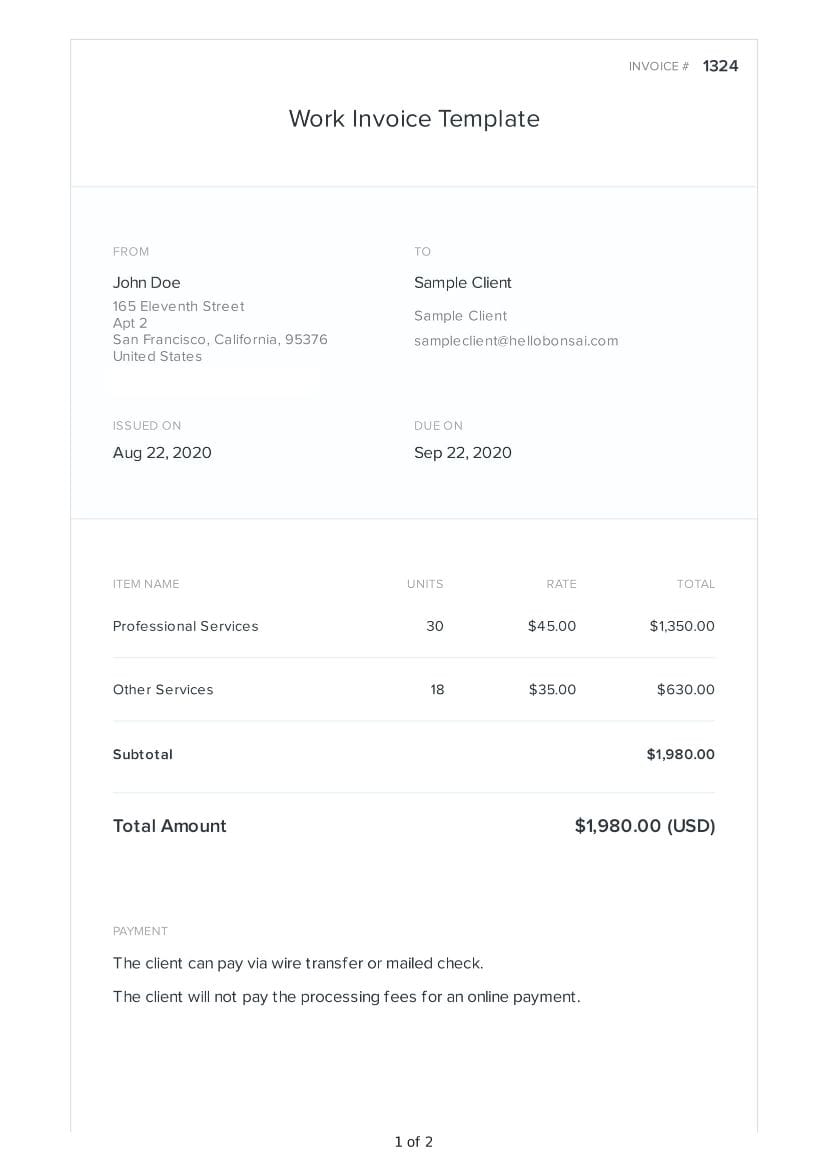 Work Invoice Template | Free Samples & Examples - Bonsai