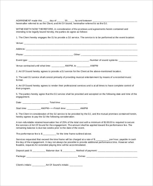 Free Simple DJ Contract Template Free DJ Contract Agreement Bonsai