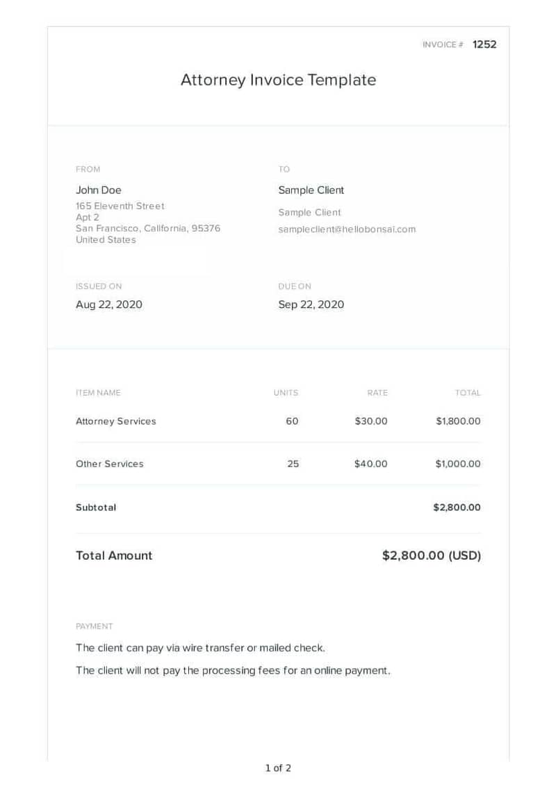 Free Attorney Invoice Template Examples & Samples | Download - Bonsai