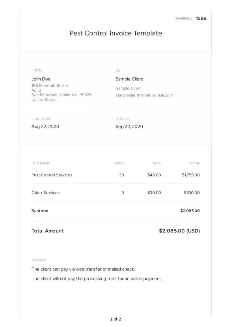 Free Pest Control Invoice Template | Download - Bonsai
