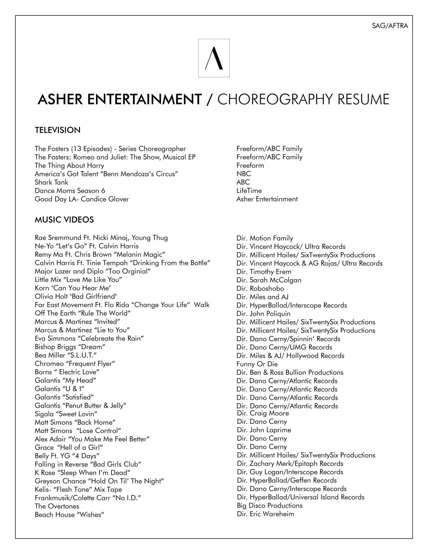 Asher Entertainment Choreography Resume