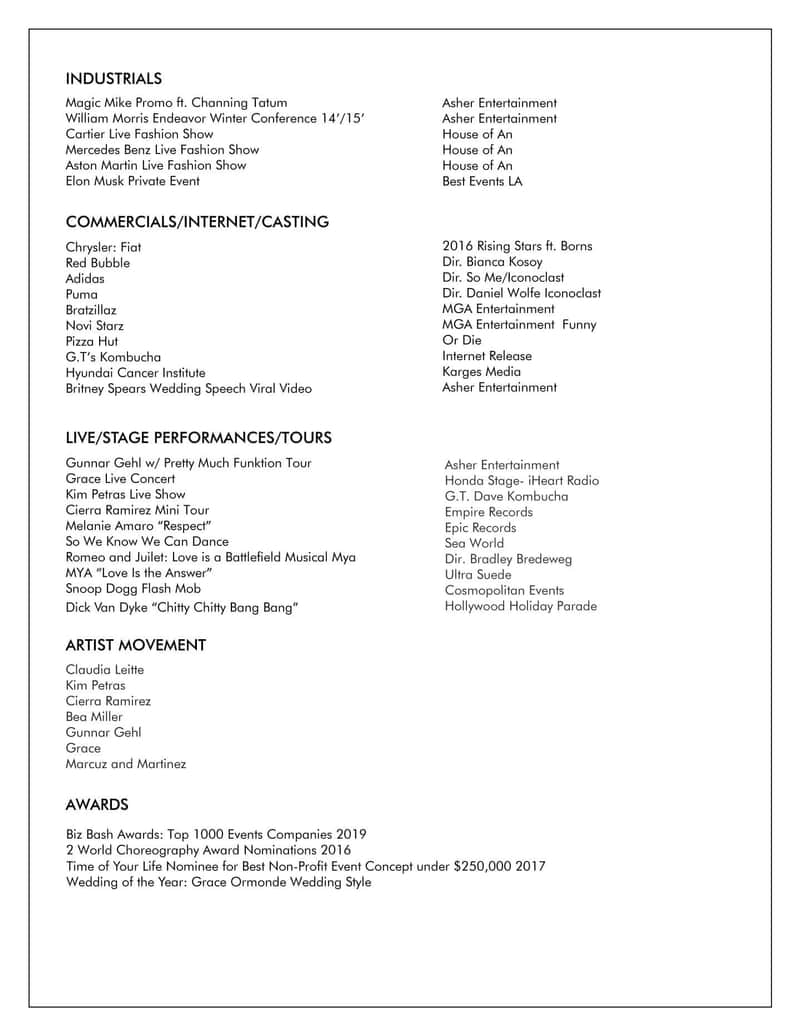 Asher Entertainment Choreography Resume