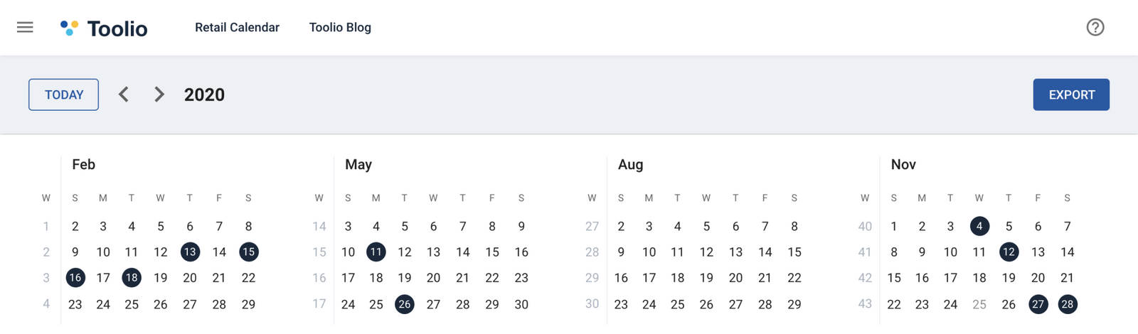 Toolio Retail Calendar
