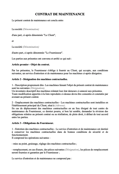 Contrat de maintenance - document et modèle à télécharger