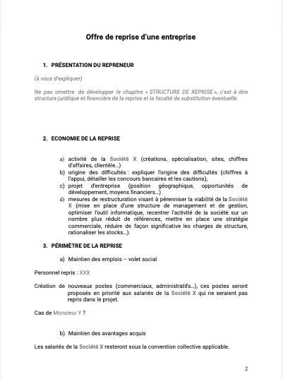 Offre de reprise d'une entreprise - document et modèle à télécharger