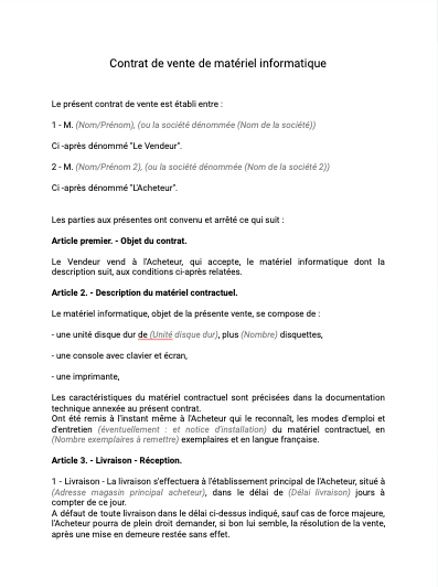 Contrat de vente matériel informatique - document et modèle à télécharger