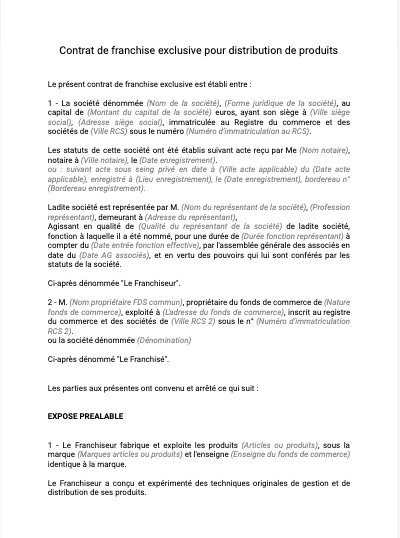 Contrat de franchise de distribution exclusive - document et modèle à ...