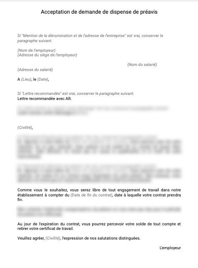 Acceptation de demande de dispense de préavis - document et modèle à ...
