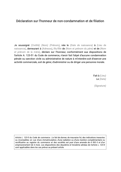 Déclaration sur l'honneur de non-condamnation - document et modèle à ...