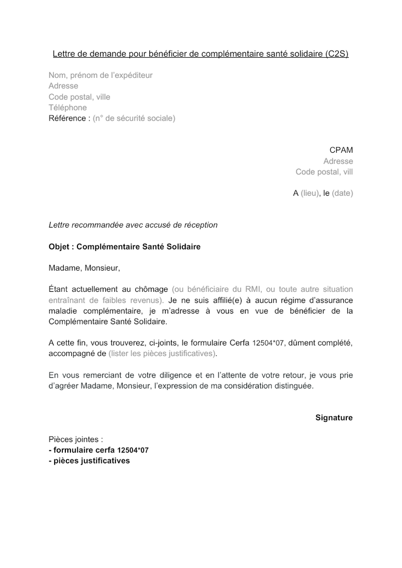Lettre de demande pour bénéficier de complémentaire santé solidaire (C2S) - document et modèle à ...