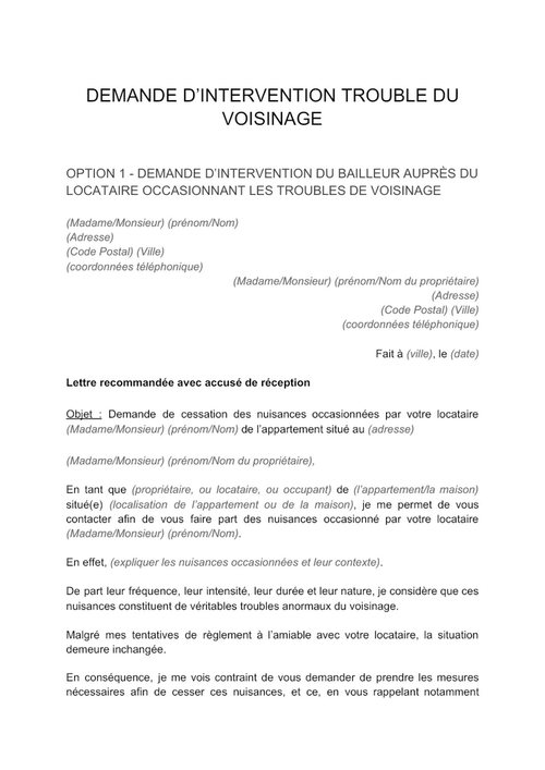 Lettre de demande d'intervention pour trouble de voisinage - document et modèle à télécharger