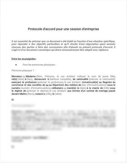 Protocole d'accord cession entreprise : modèle à télécharger