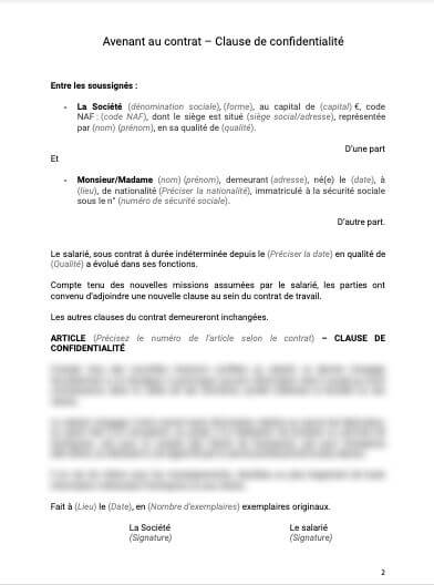 Avenant au contrat Clause de confidentialité - document et modèle à ...