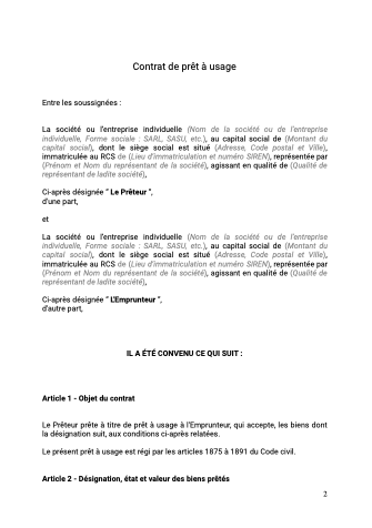 Contrat prêt usage - document et modèle à télécharger