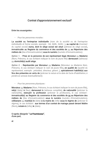 Contrat approvisionnement exclusif - document et modèle à télécharger