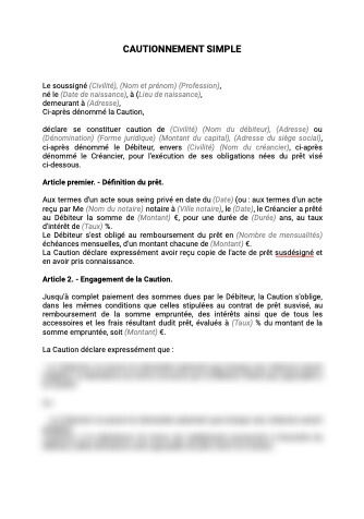 Contrat de cautionnnement simple - document et modèle à télécharger
