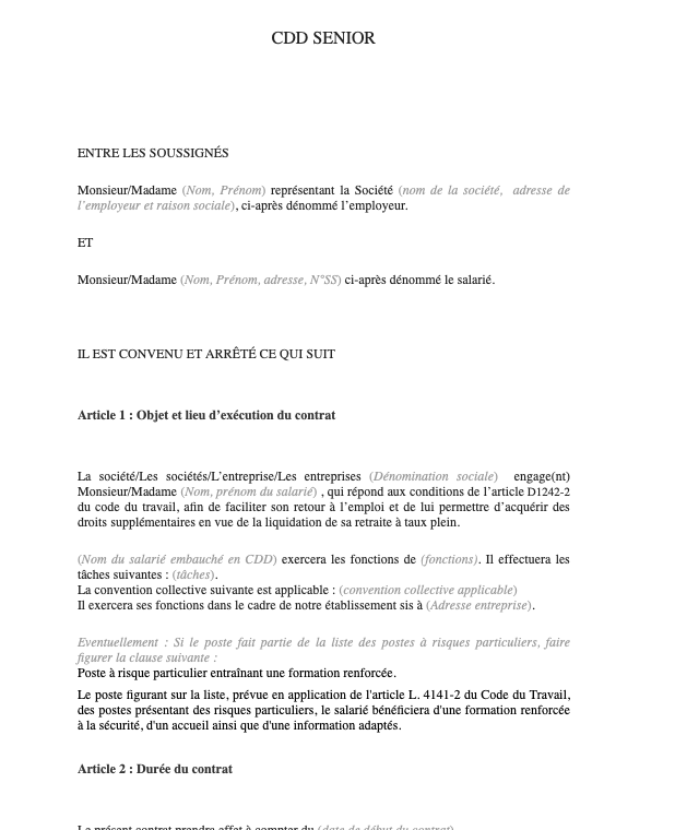 Contrat à durée déterminée pour les seniors - document et modèle à ...