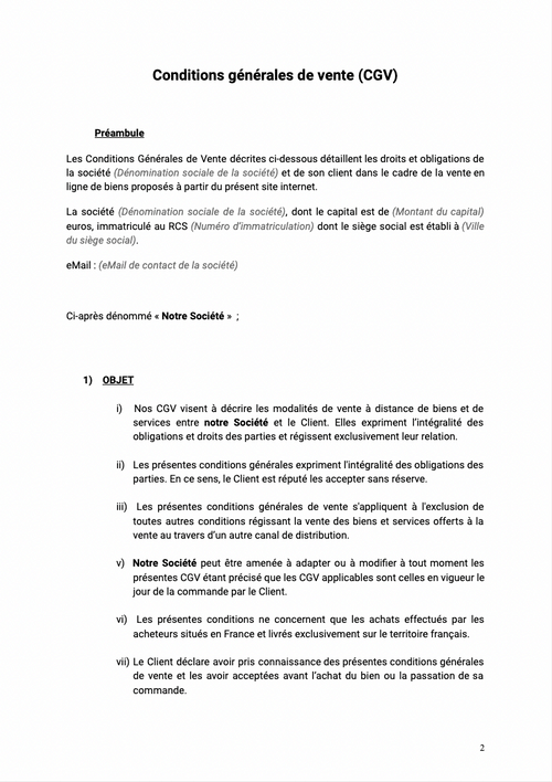 Conditions générales de vente (CGV) entre professionnels - document et ...