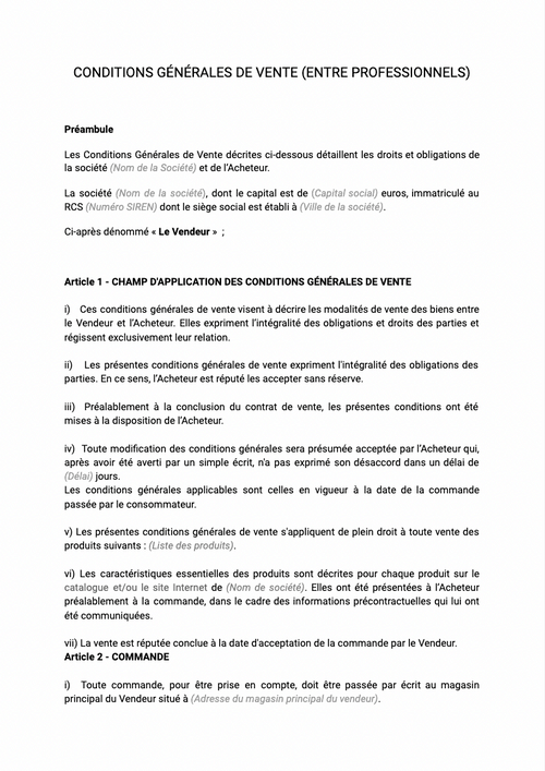 Conditions générales de vente (CGV) entre professionnels - document et ...