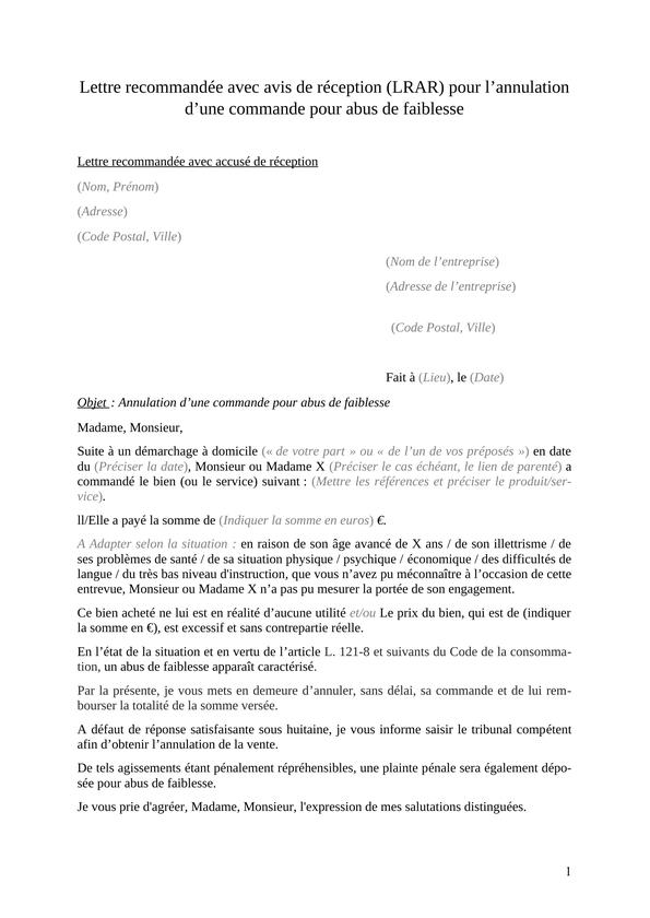 Annulation d'une commande pour abus de faiblesse : modèle gratuit
