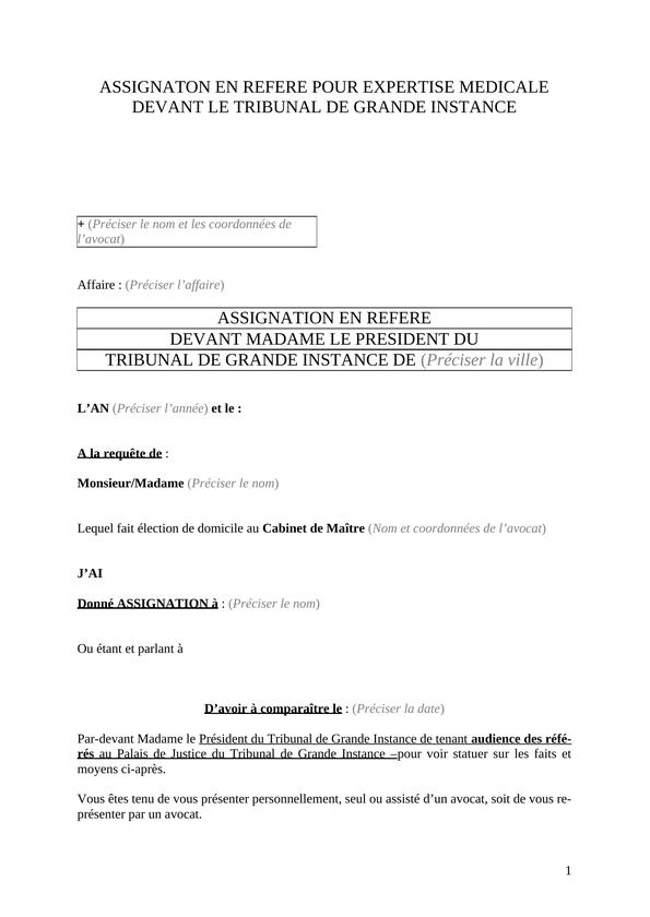 Assignation en référé pour expertise médicale : modèle gratuit