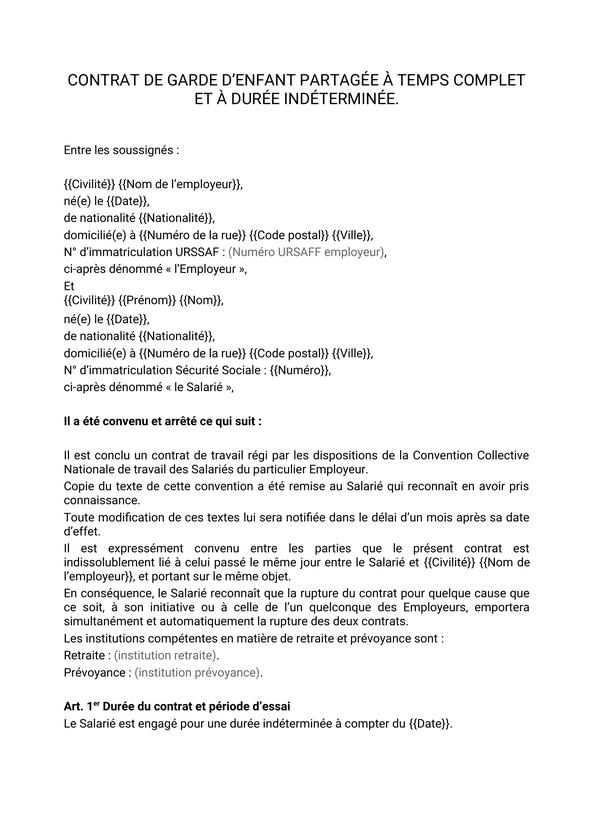 Contrat de garde d’enfant partagée à temps complet et à durée indéterminée - modèle gratuit