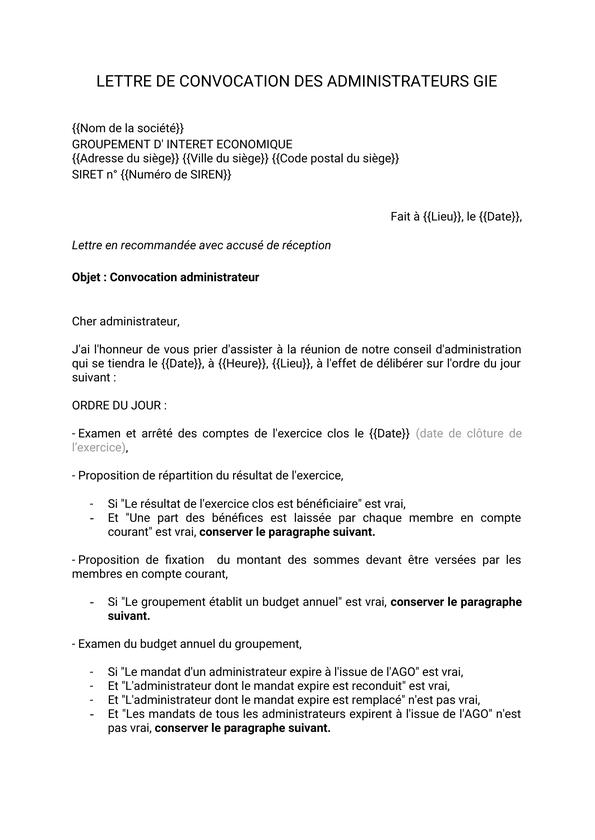 Lettre de convocation des administrateurs GIE : modèle à télécharger