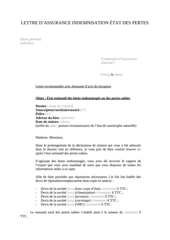 Lettre d’assurance indemnisation – Etat des pertes : modèle gratuit