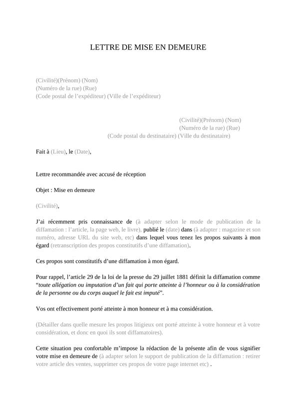 Mise en demeure d'agir en justice pour diffamation : modèle gratuit