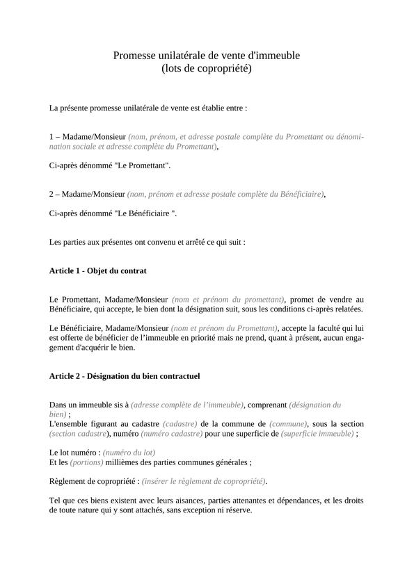 Promesse unilatérale de vente d'immeuble (lots de copropriété) - modèle ...