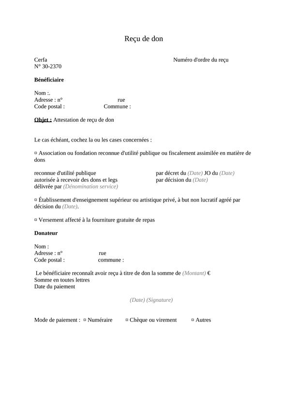 Reçu Don Association Modèle _ cerfa 11580*03 – RGJBG