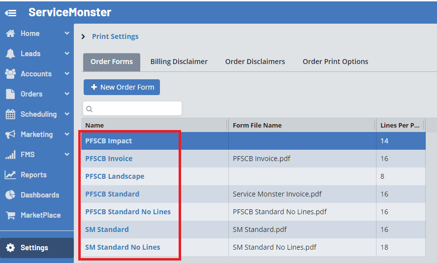 Order Forms and Print Options, Adding Disclaimers | ServiceMonster Help