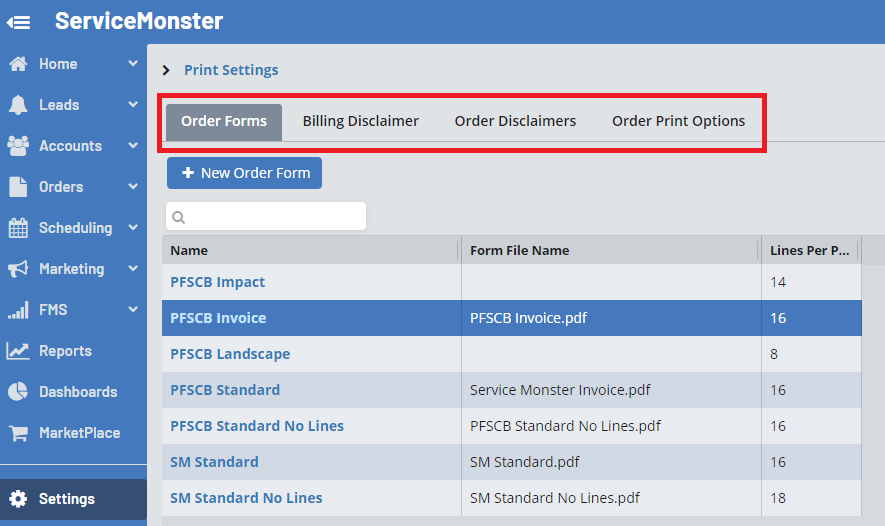 Order Forms and Print Options, Adding Disclaimers | ServiceMonster Help