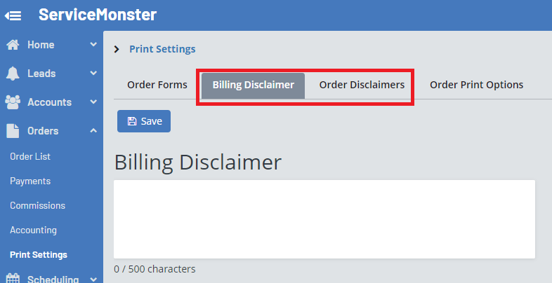 Order Forms and Print Options, Adding Disclaimers | ServiceMonster Help
