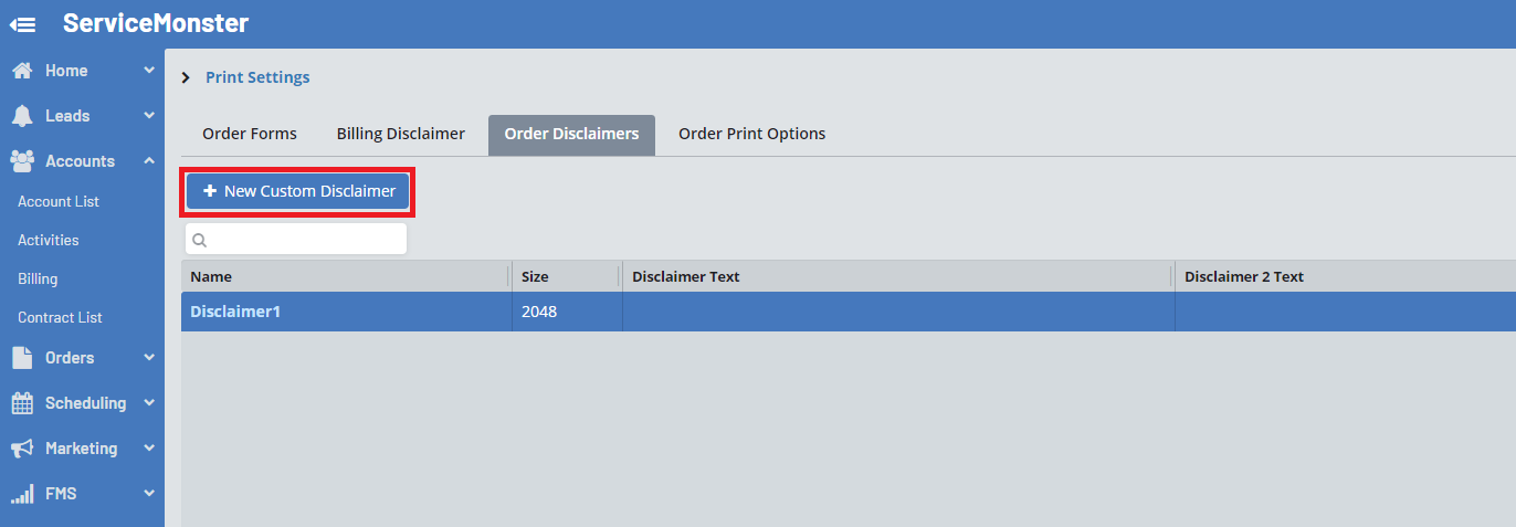 Order Forms and Print Options, Adding Disclaimers | ServiceMonster Help