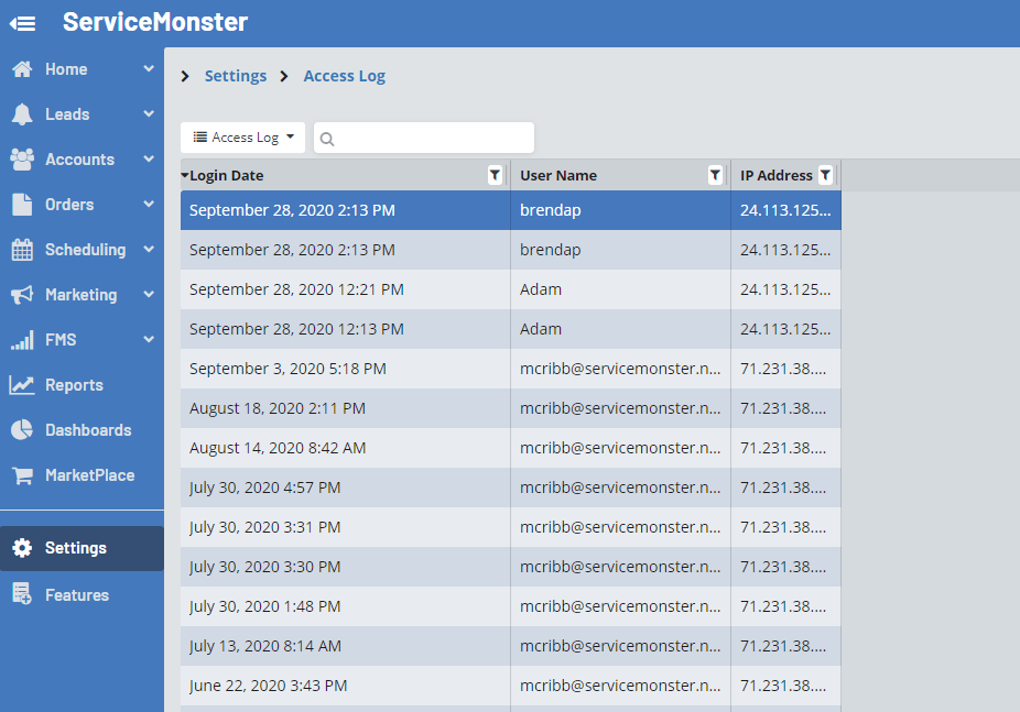 Access Log | ServiceMonster Help