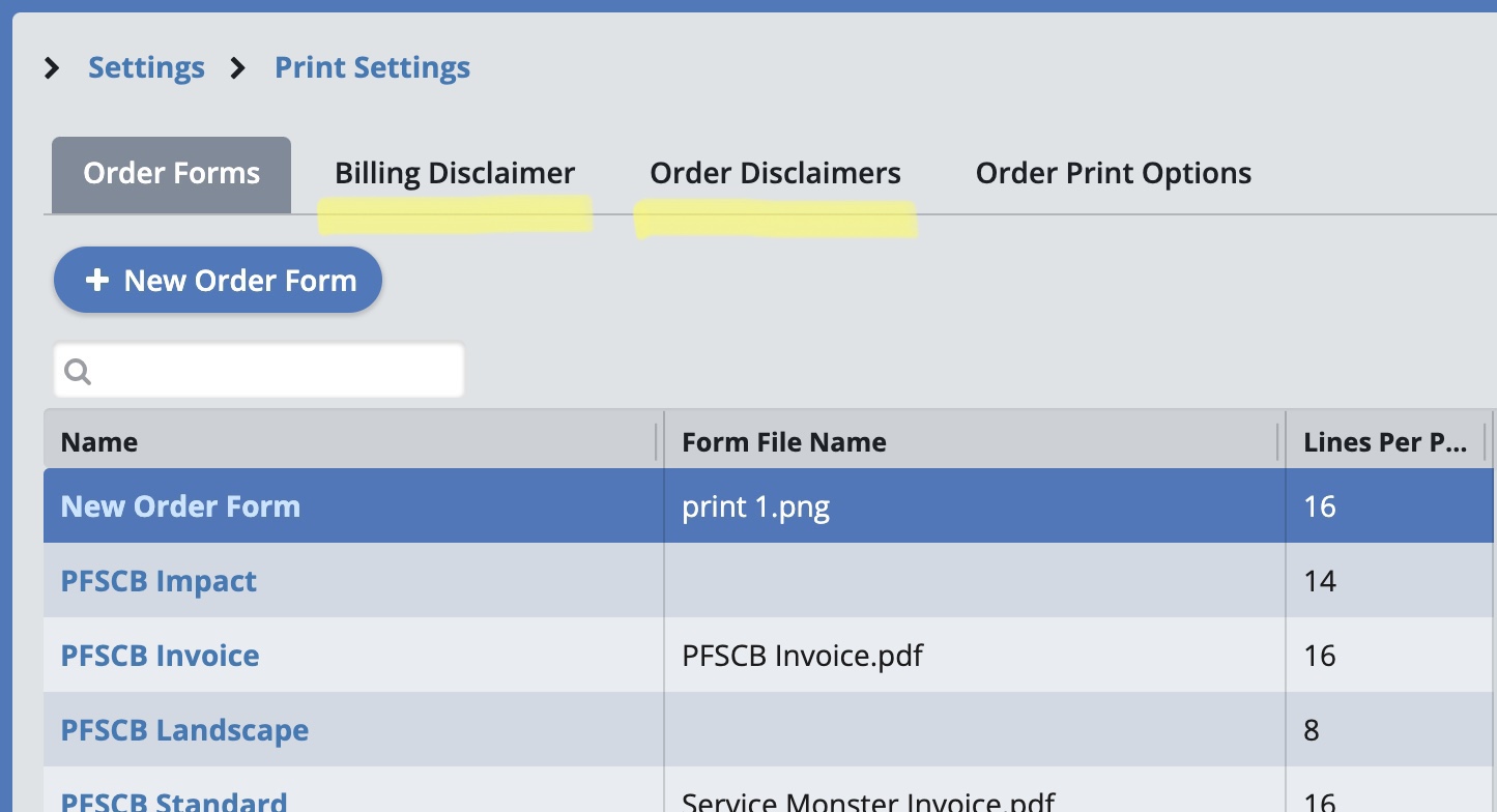 Order Forms And Print Options, Adding Disclaimers | ServiceMonster Help