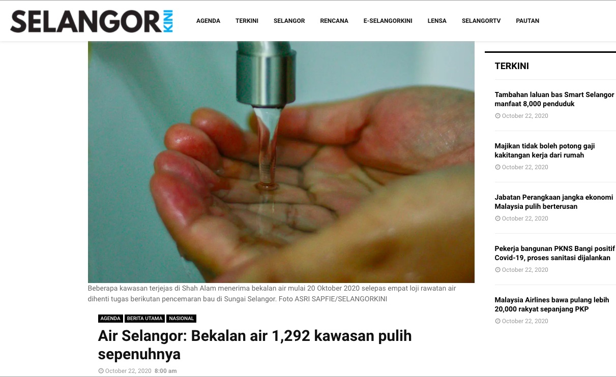 Selangor Kini : Bekalan air 1,292 kawasan pulih sepenuhnya - Air Selangor - Media