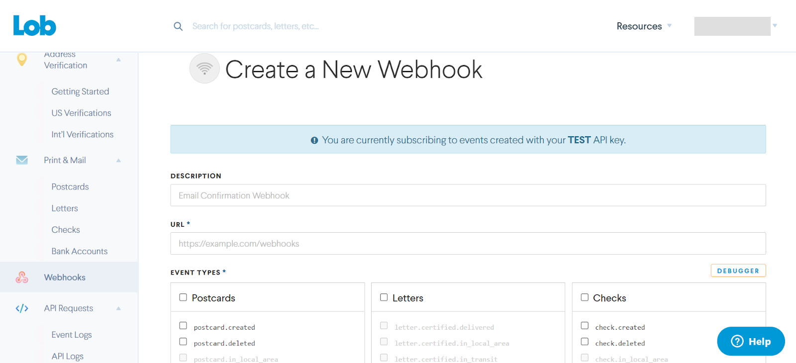 lob webhooks basics using letters