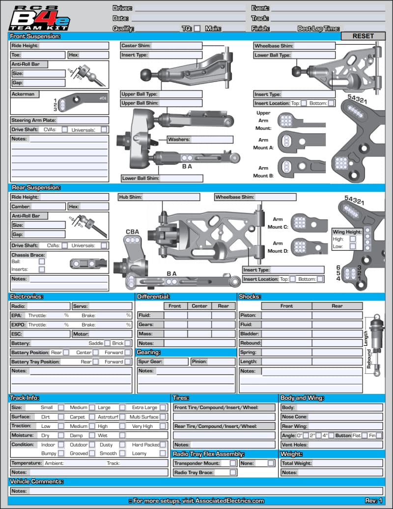 Team Associated Rc8 B4e Setup Sheet Editable
