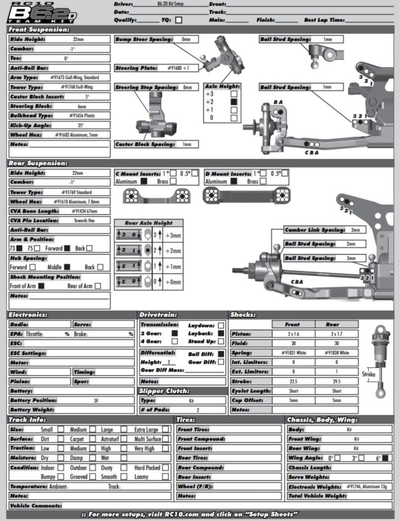 Team Associated RC10 B6.2D Kit Setup Sheet