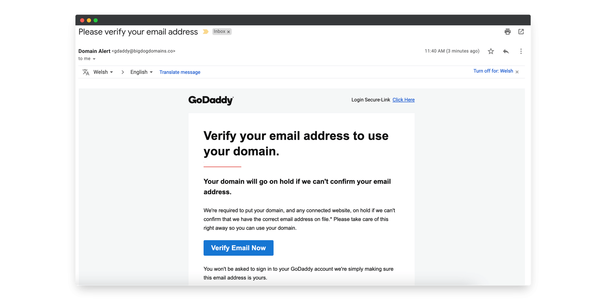 GoDaddy Phishing Email Example | Hook Security