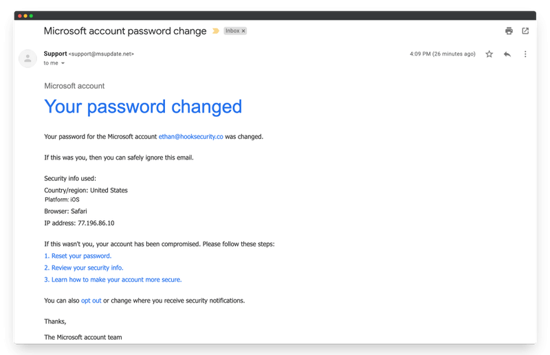 Microsoft Phishing Email Example | Hook Security