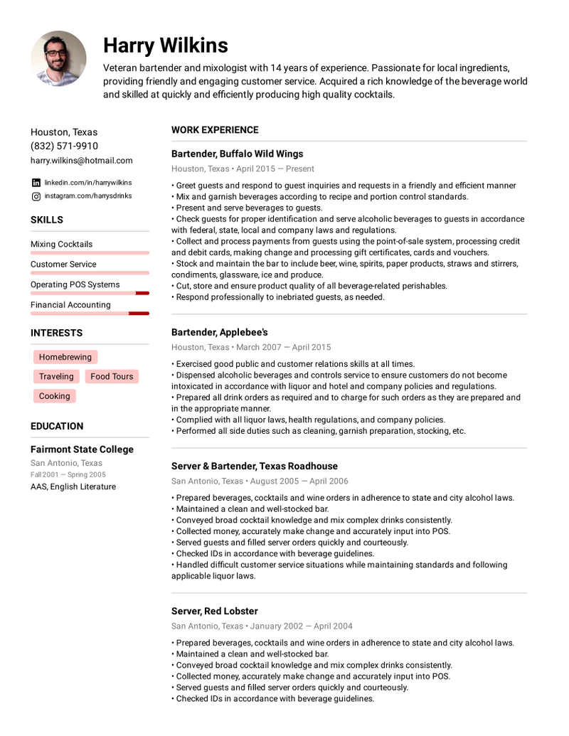 Bartender Resume Example Writing Tips For 2022