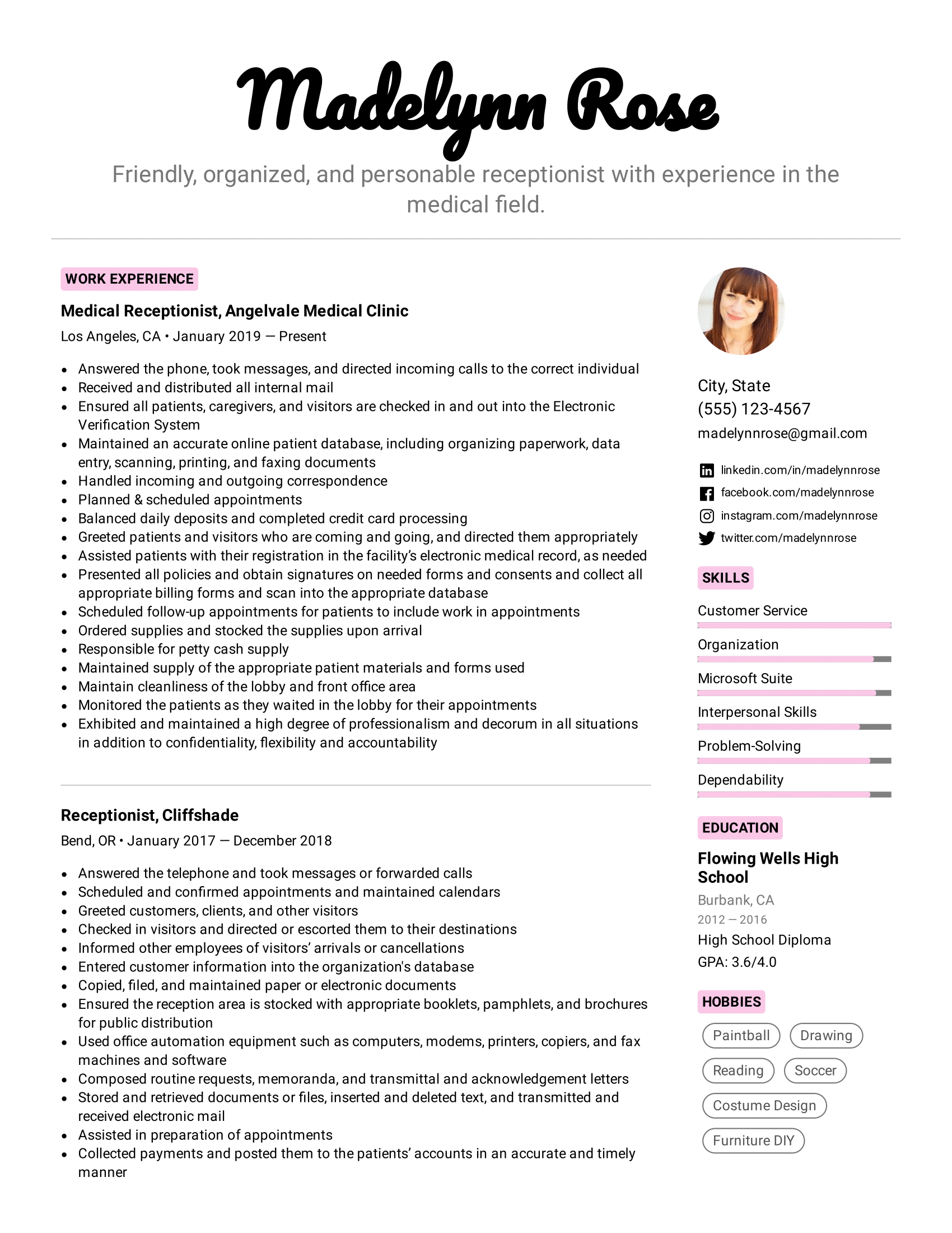 Medical Receptionist Resume Template Free