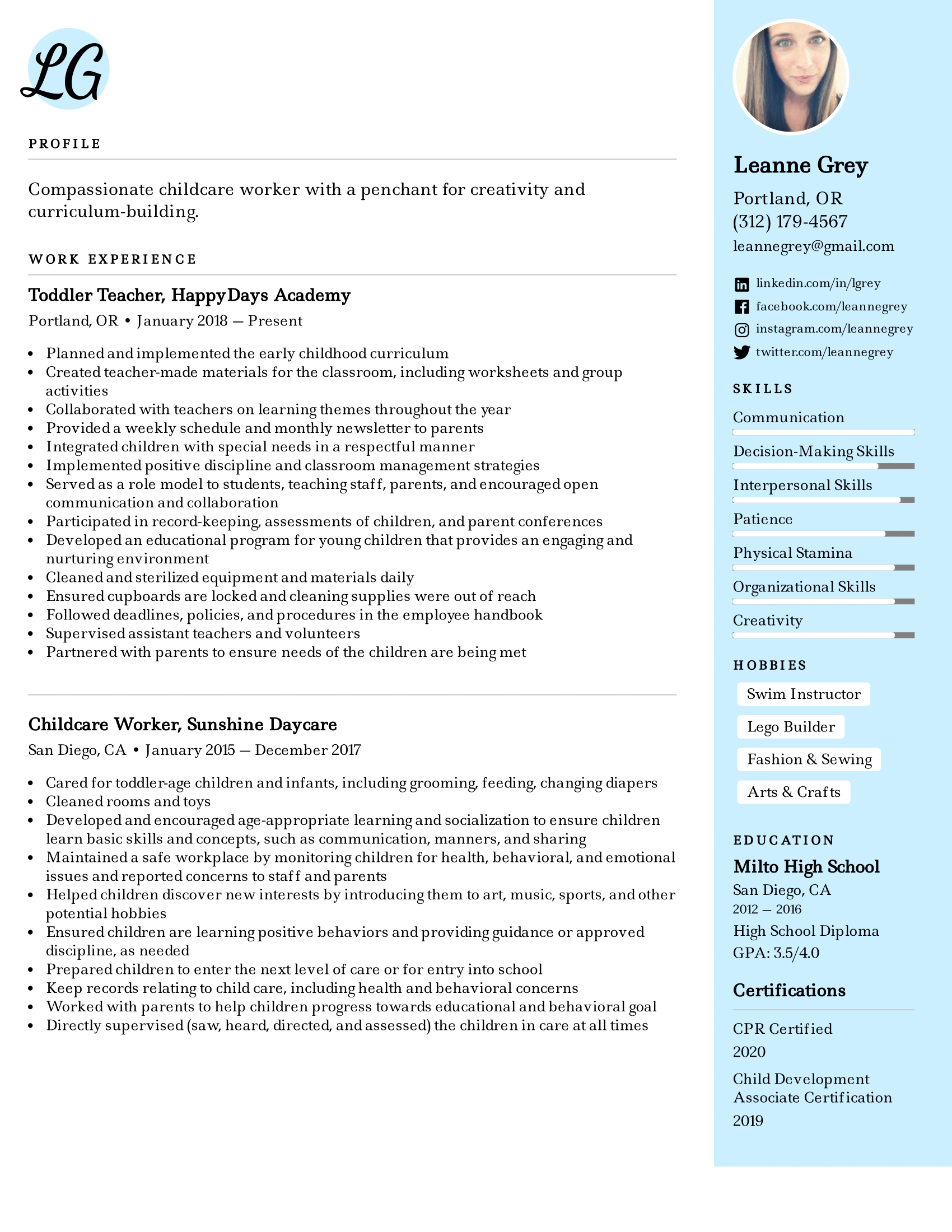Child Care Worker Resume