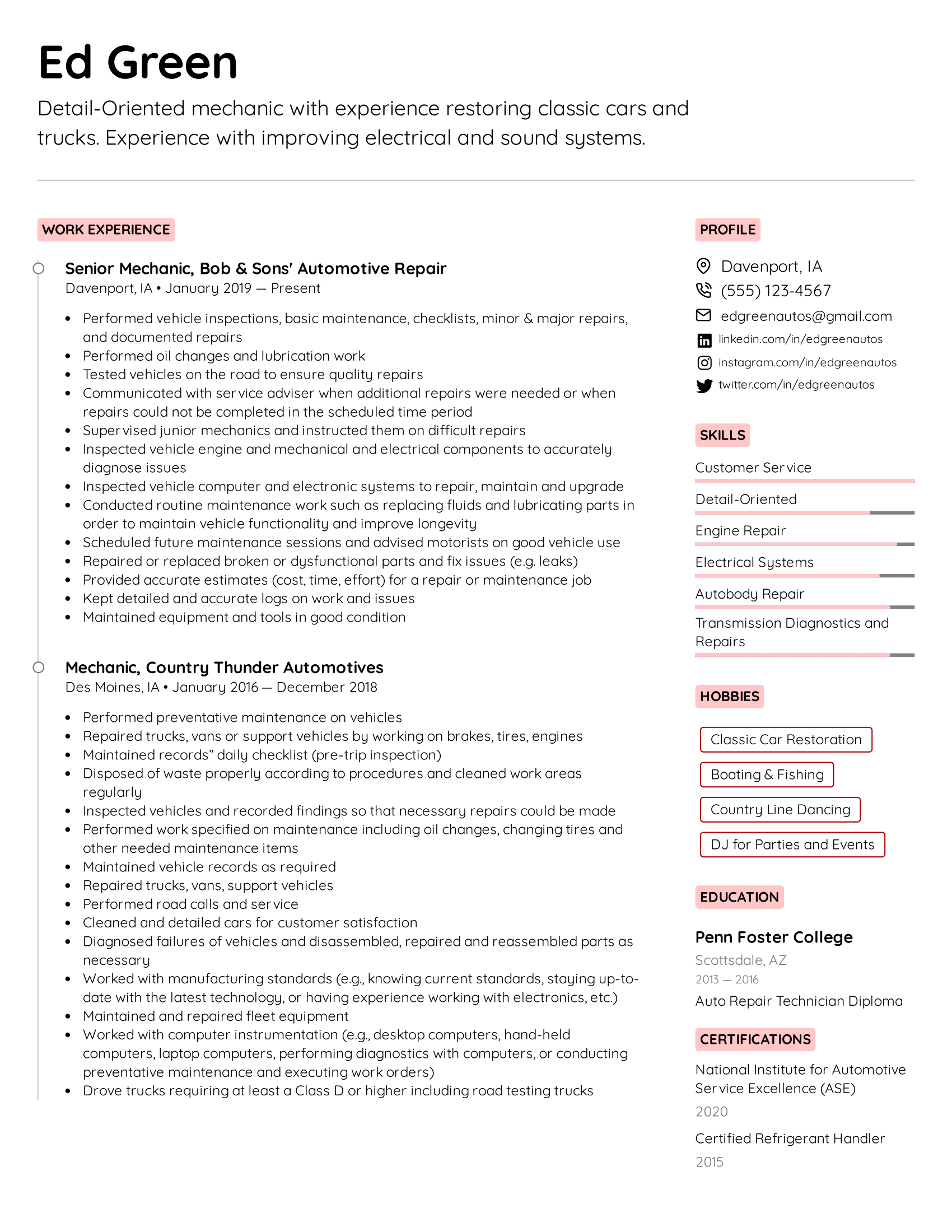 Examples Resume Mechanic
