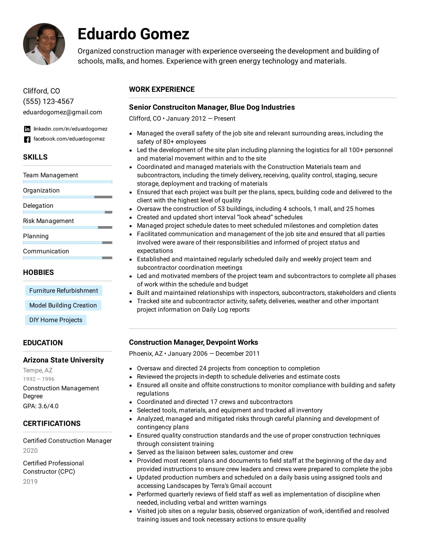 Construction Manager Resume Example Writing Tips For 2022