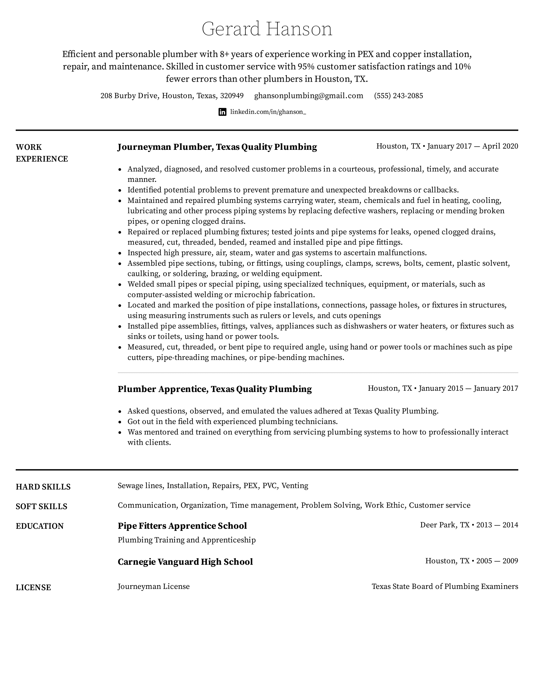 Plumber Job Description Resume